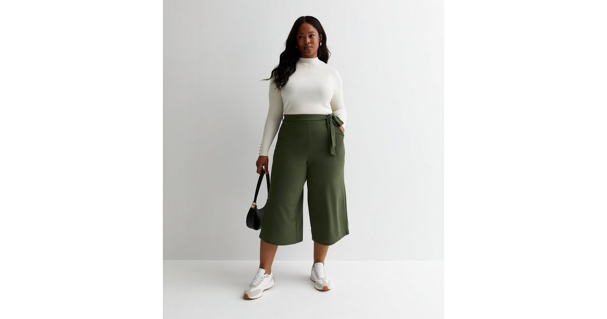 Curves Khaki Belted Crop Wide Leg Trousers | New Look