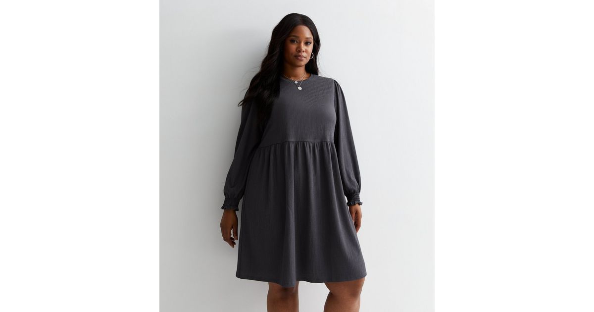Curves Grey Crinkle Jersey Long Sleeve Mini Smock Dress | New Look