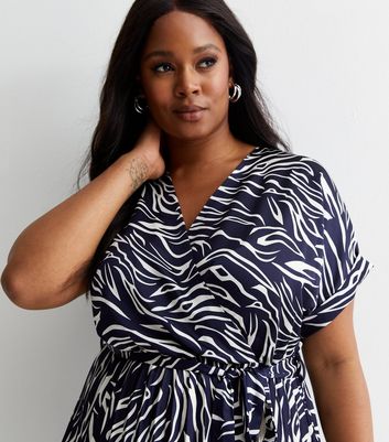 Curves Blue Zebra Print Pleated Midi Wrap Dress | New Look