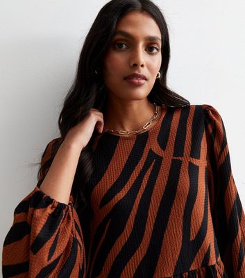 Rust Tiger Print Textured Jersey Mini Smock Dress | New Look