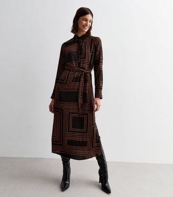 Brown Geometric Print Belted Shirt Midi Dress | New Look