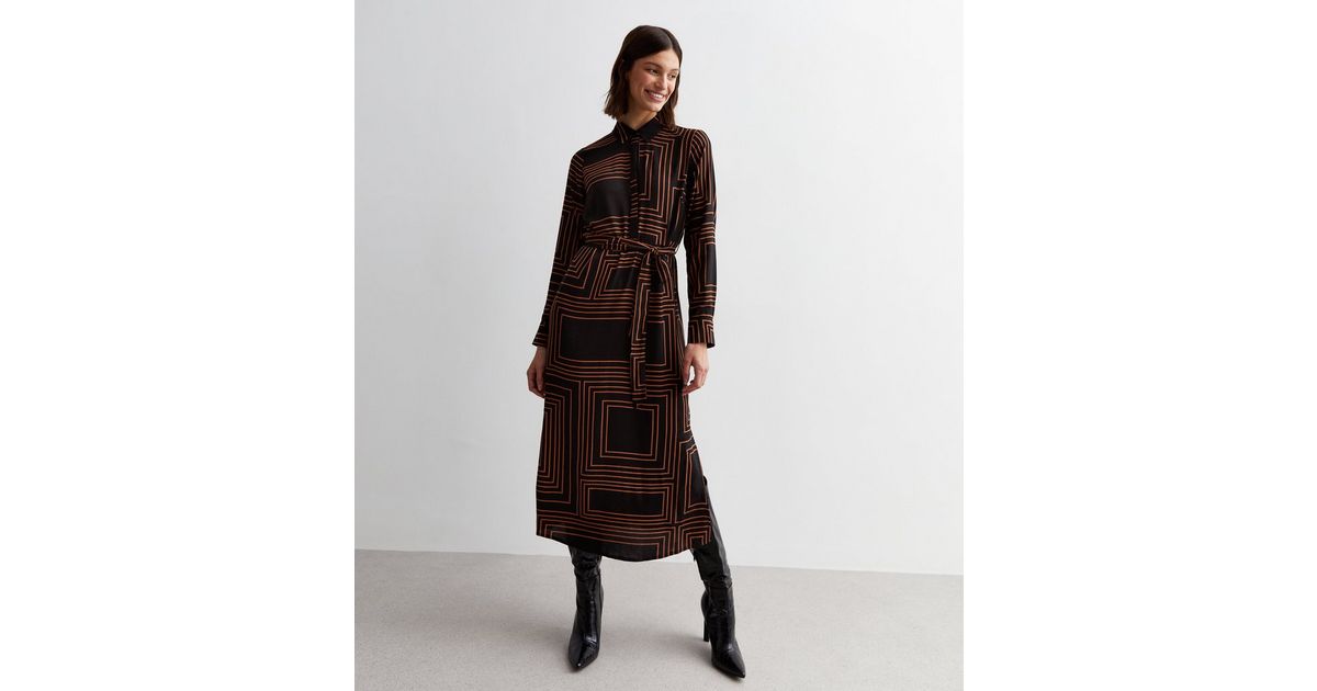 Brown Geometric Print Belted Shirt Midi Dress | New Look