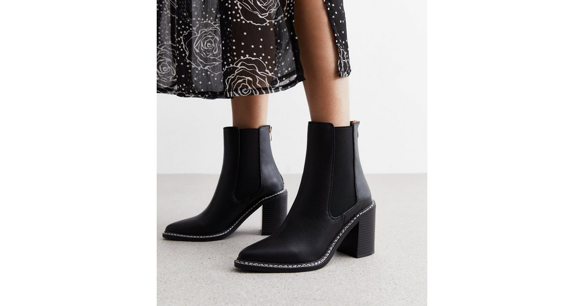 Black Leather-Look Pointed Toe Heeled Boots | New Look