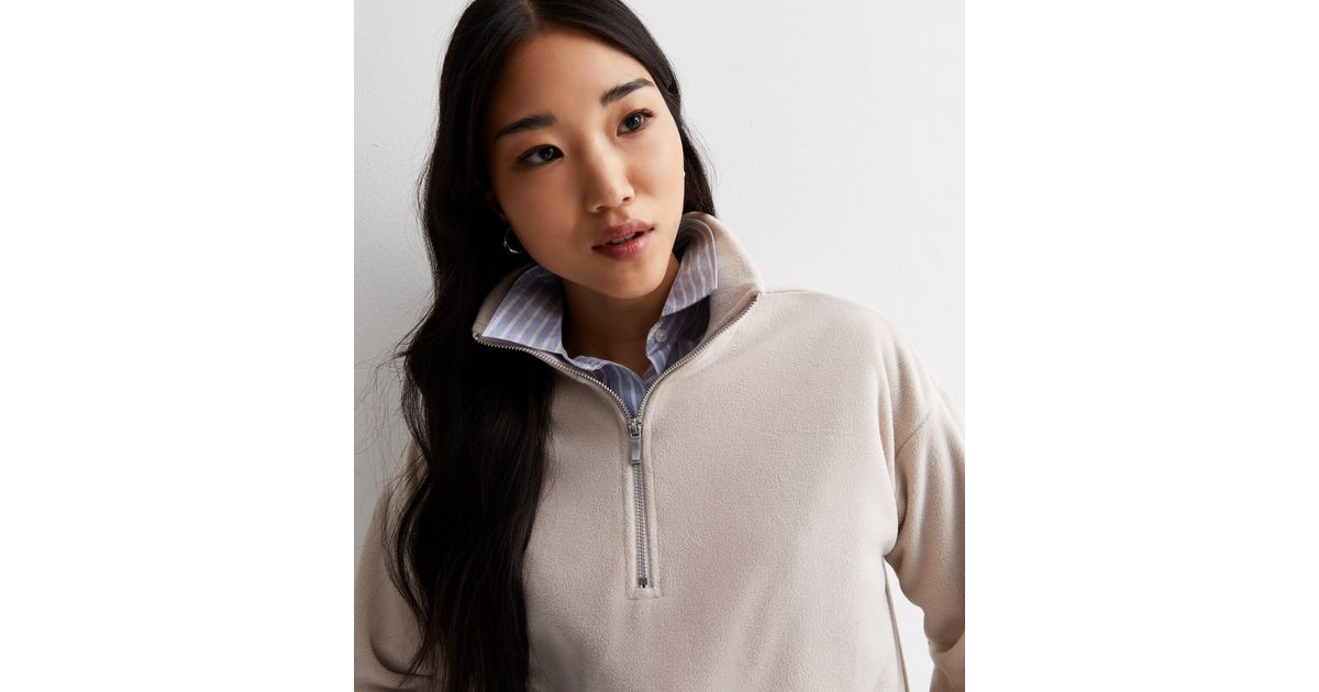 Stone Teddy 1/2 Zip Neck Fleece | New Look