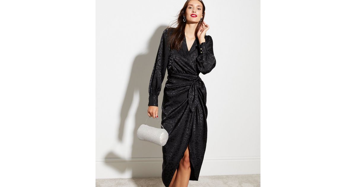 Black Leopard Print Satin Jacquard Wrap Midi Dress | New Look