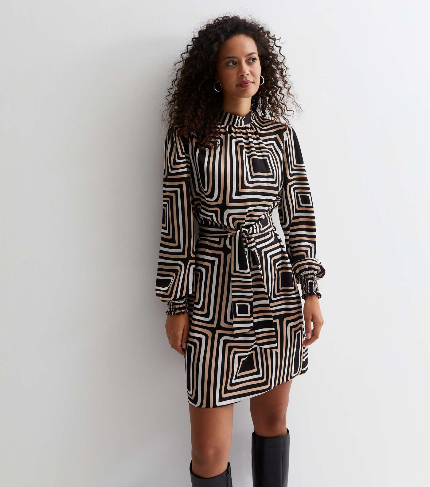 Tall Brown Square Print High Neck Belted Mini Dress New Look
