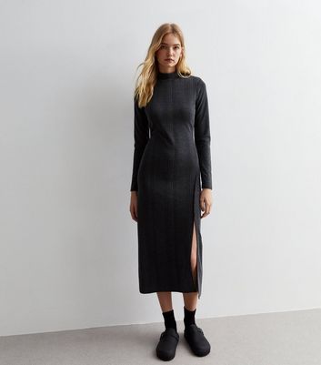 Dark Grey Ribbed High Neck Midaxi Dress | New Look