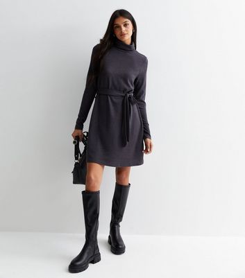Dark Grey High Neck Belted Mini Tunic Dress | New Look