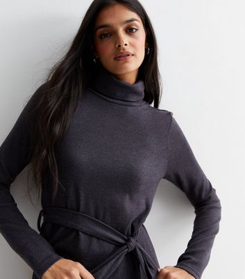 Dark Grey High Neck Belted Mini Tunic Dress | New Look