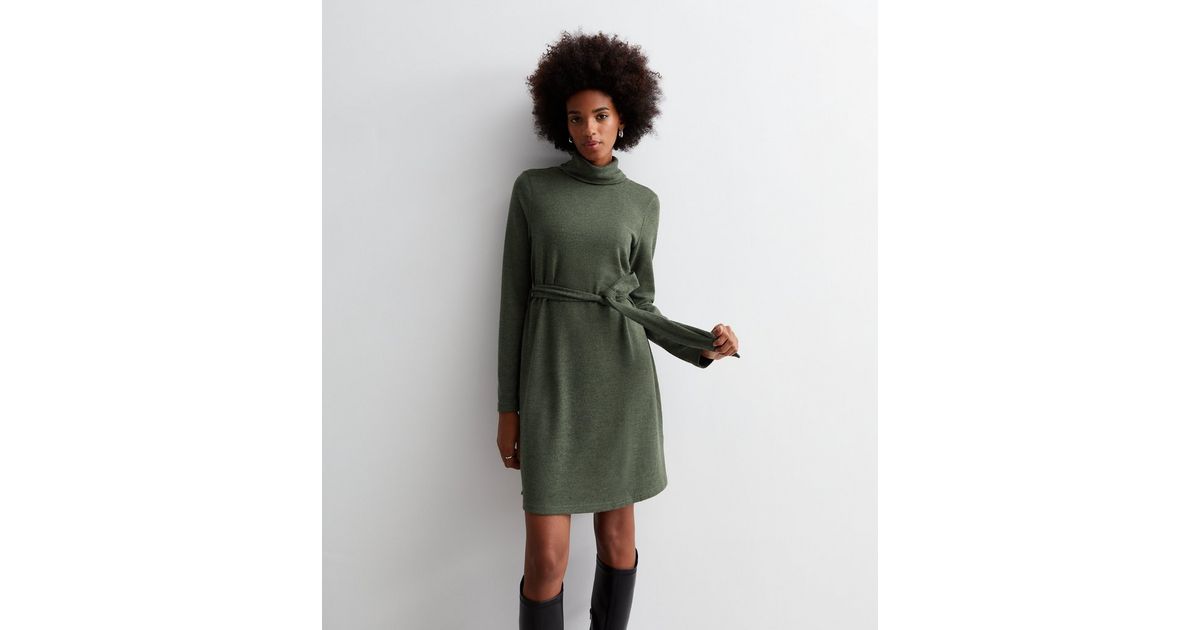 Khaki High Neck Belted Mini Tunic Dress New Look