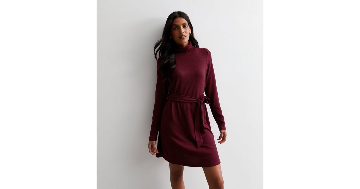 Burgundy High Neck Belted Mini Tunic Dress New Look