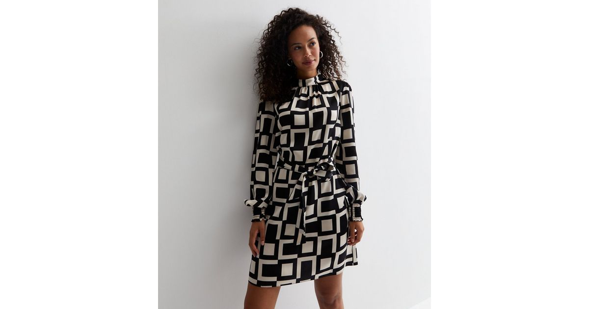 Tall Black Geometric Check Print High Neck Belted Mini Dress New Look