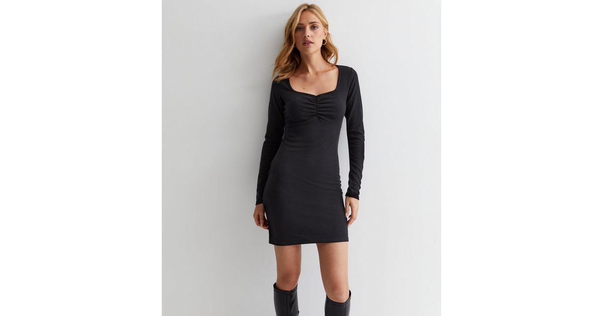 Black Ribbed Ruched Front Bodycon Mini Dress | New Look