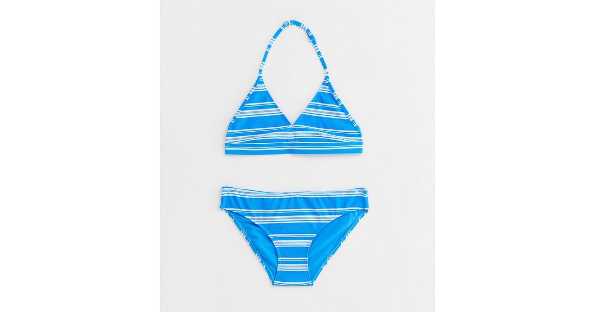 Girls Blue Stripe Textured Triangle Bikini Set | New Look