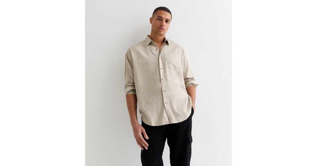 Stone Linen Blend Long Sleeve Oversized Shirt | New Look