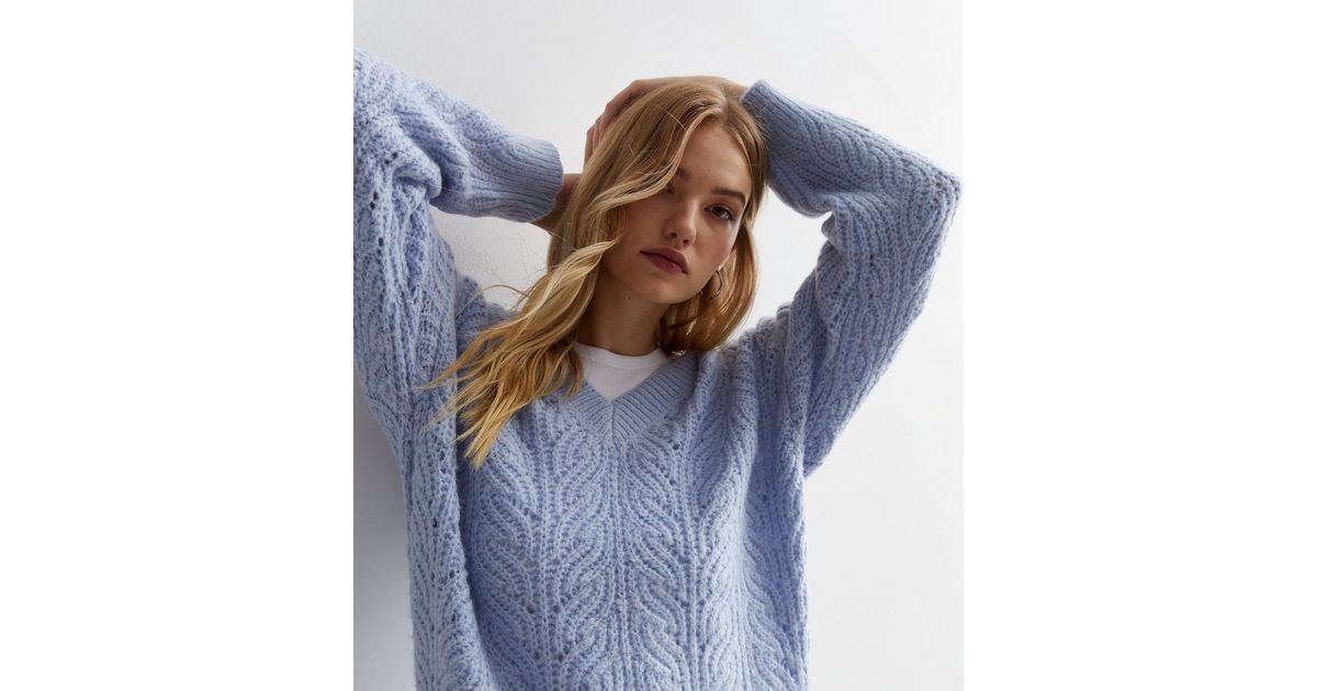 Pale Blue Stitch Knit V Neck Longline Jumper | New Look