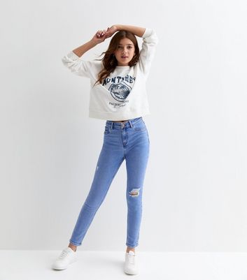 Girls Bright Blue High Waist Ripped Knee Hallie Skinny Jeans | New Look