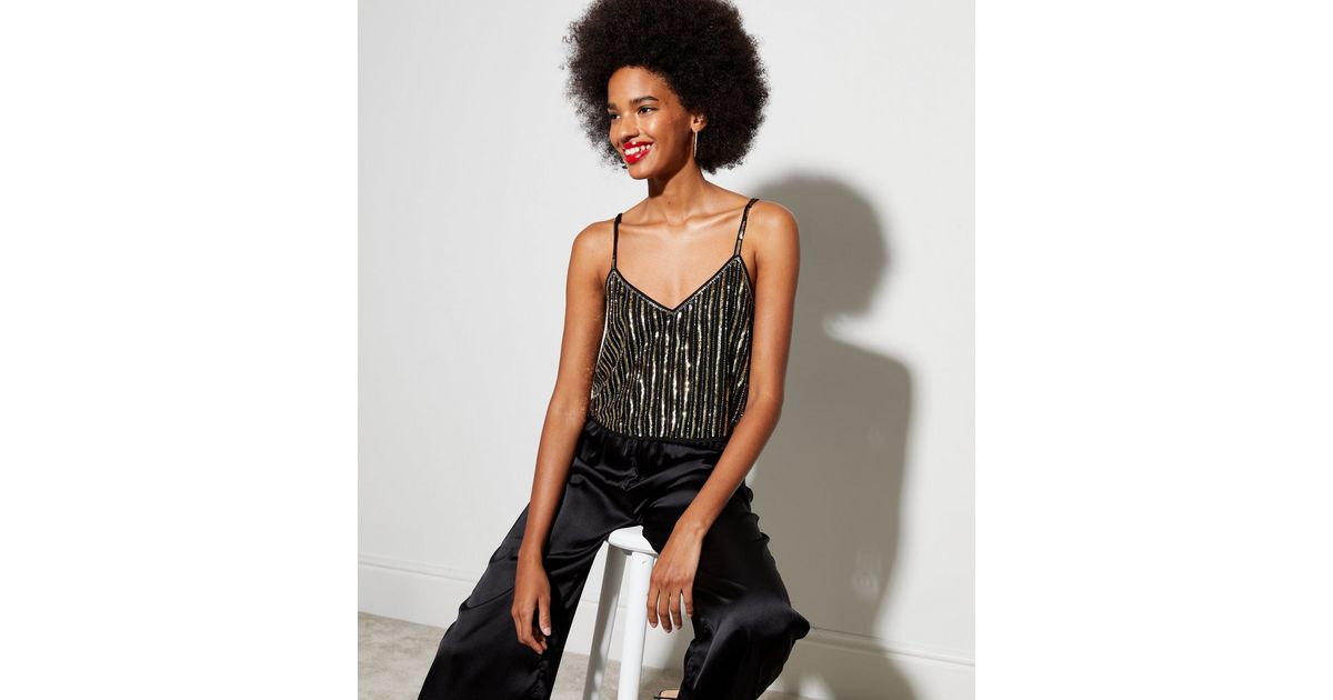 Black Sequin Stripe Cami Top | New Look