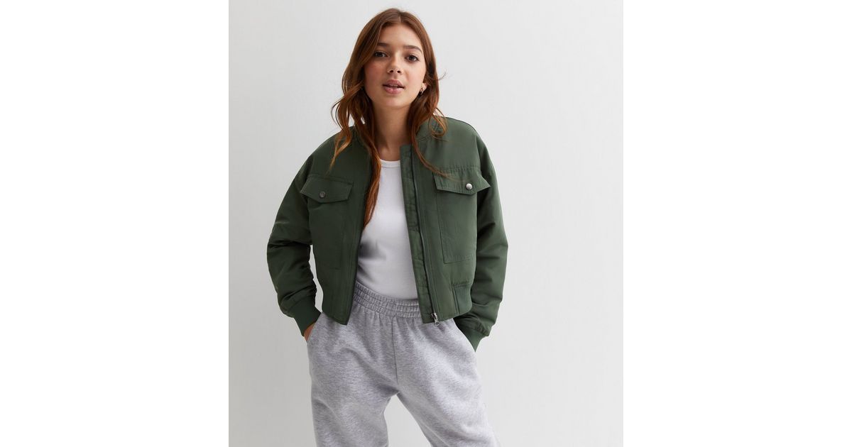 Girls Khaki Utility Bomber Jacket | New Look