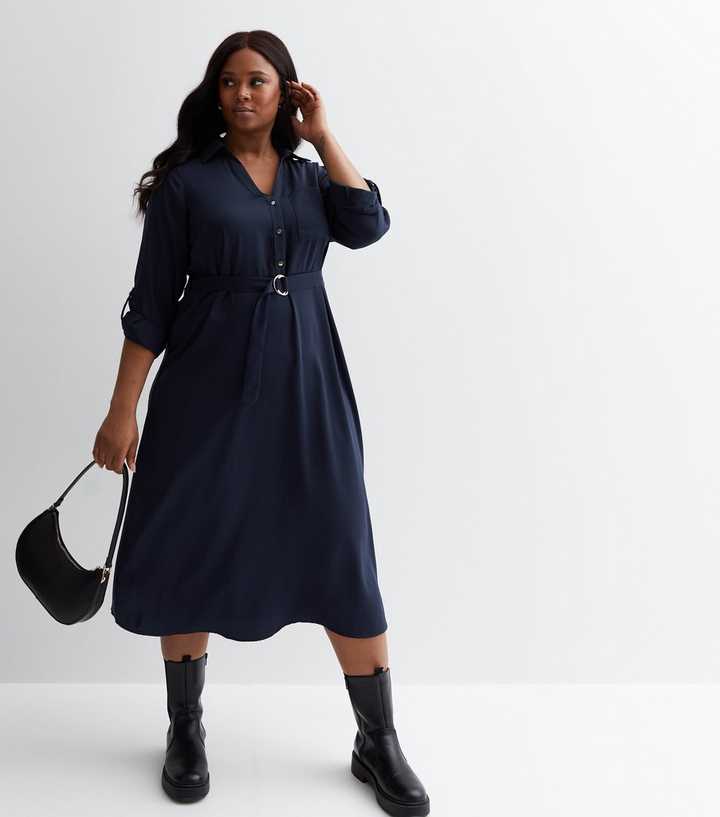 Curves Navy D Ring Belted Midi Shirt Dress | New Look