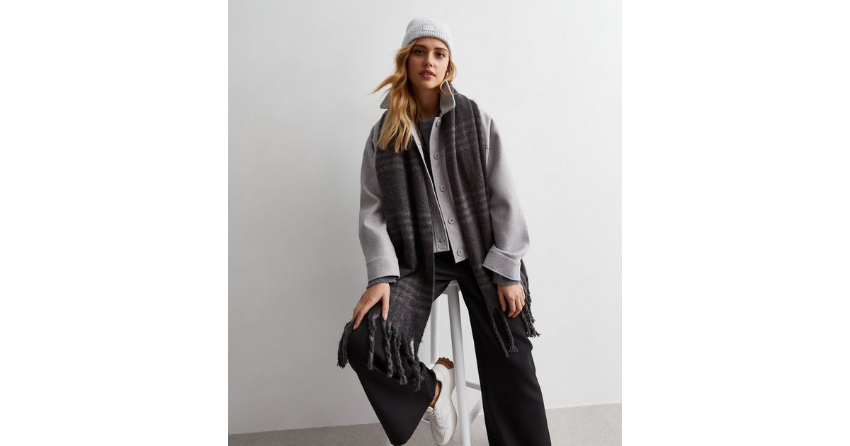 Grey Check Print Brushed Tassel Scarf | New Look
