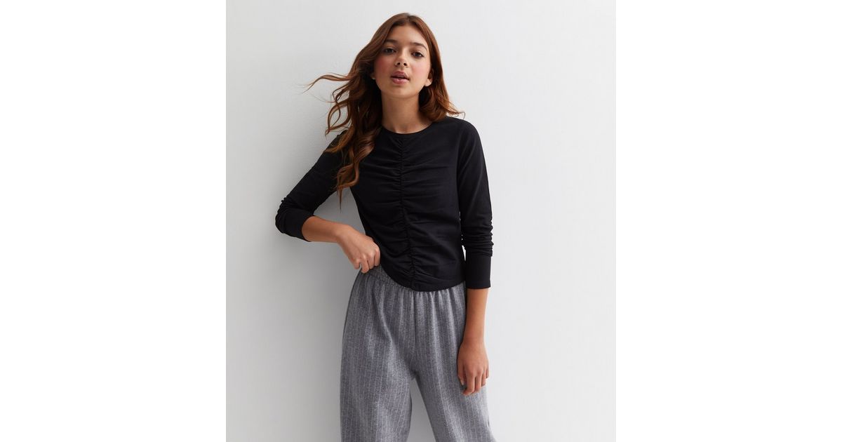 Girls Black Ribbed Ruched Long Sleeve Top | New Look