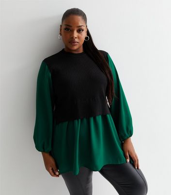 Curves Dark Green Ribbed Knit 2 in 1 Blouse | New Look