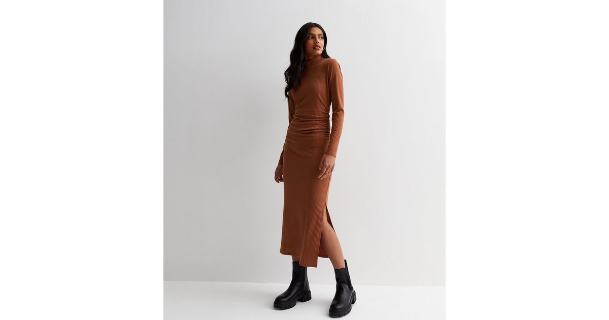 Rust Ribbed High Neck Bodycon Midi Dress | New Look