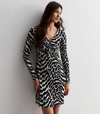 Black Zebra Print Crinkle Jersey Twist Front Mini Dress | New Look