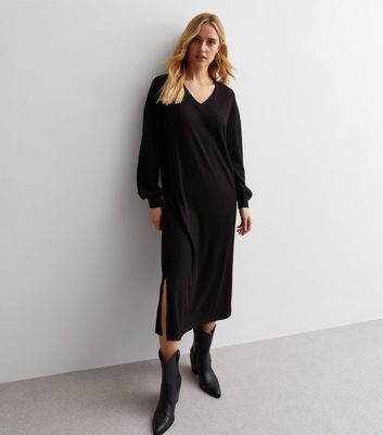 Black Ribbed Knit V Neck Midi Dress | New Look
