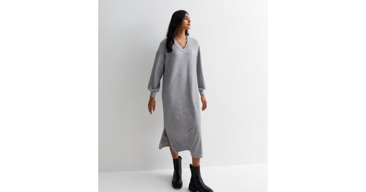 Grey Ribbed Knit V Neck Midi Dress | New Look