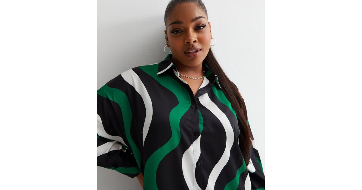 Curves Green Squiggle Print Satin Oversized Shirt | New Look