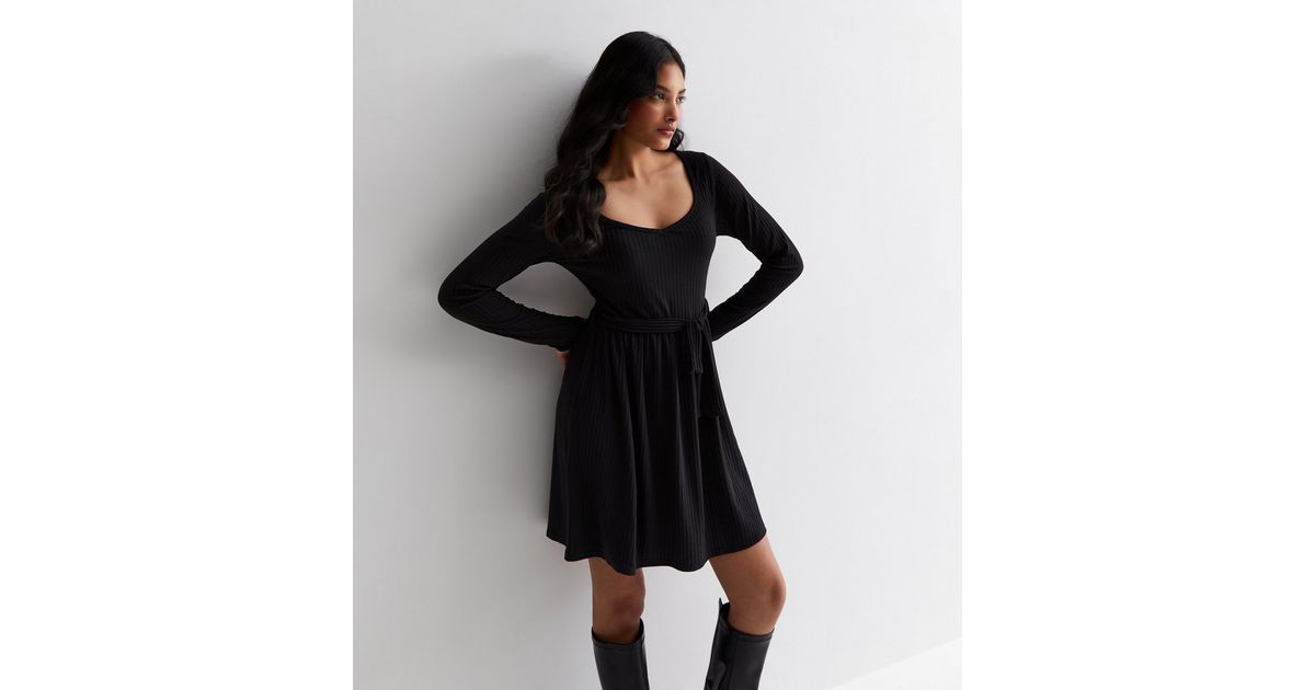 Black Ribbed V Neck Mini Dress | New Look