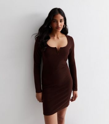 Dark Brown Ribbed Jersey Notch Neck Mini Dress | New Look