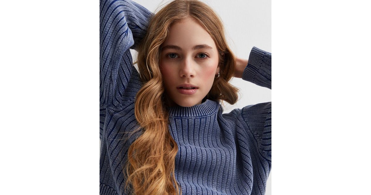 Girls Blue Acid Wash Ribbed Knit Jumper | New Look