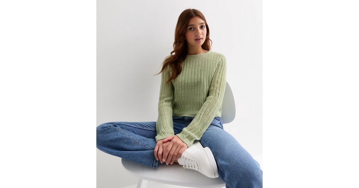 Girls Light Green Ladder Stitch Knit Jumper | New Look