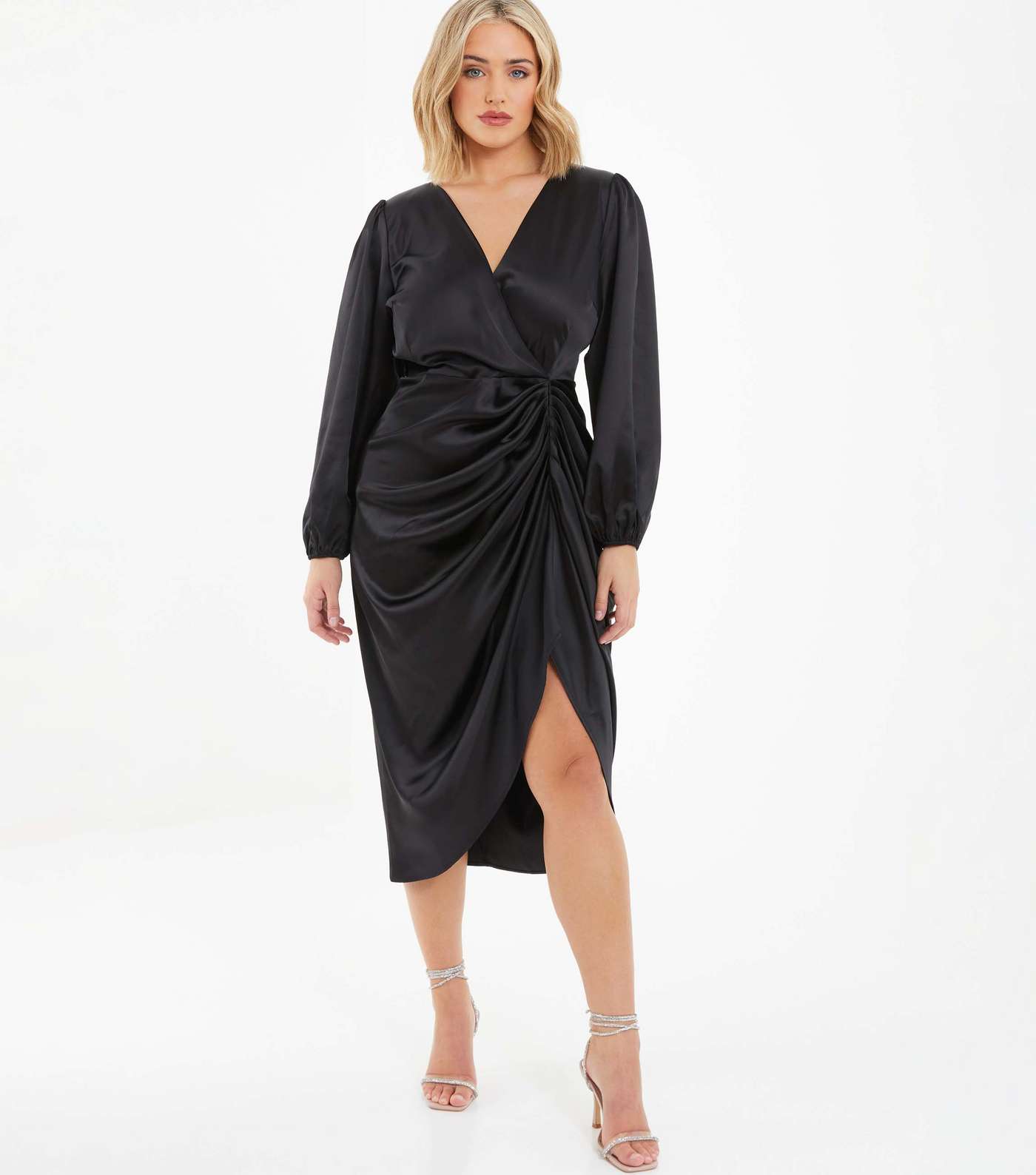 Quiz Curves Black Satin Long Sleeve Ruched Wrap Midi Dress New Look
