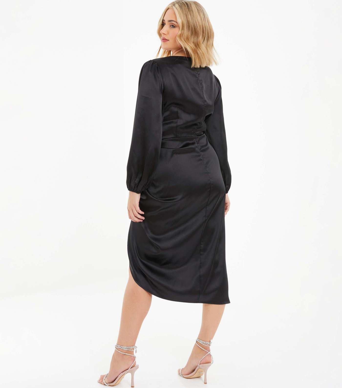 Quiz Curves Black Satin Long Sleeve Ruched Wrap Midi Dress New Look