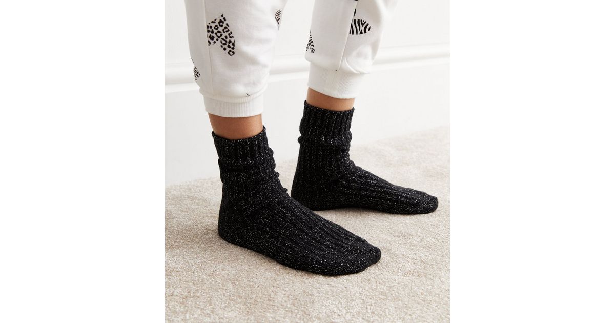 Black Glitter Ribbed Lounge Socks | New Look