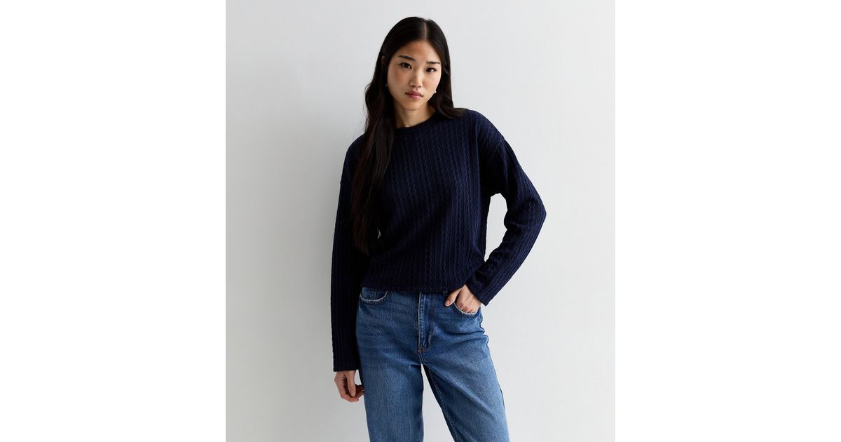 Navy Cable Knit Pattern Jersey Long Sleeve Top | New Look