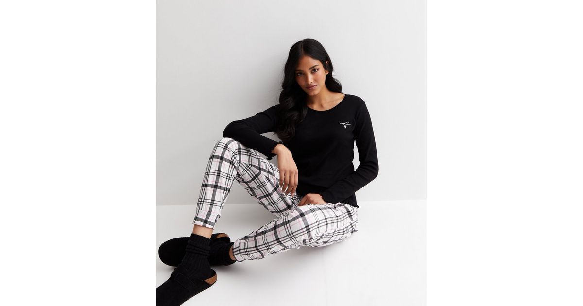 Black Cotton Trouser Pyjama Set with Check Print | New Look