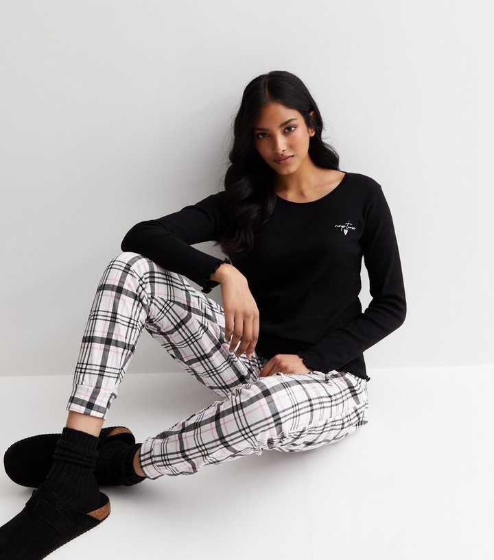 Black Cotton Trouser Pyjama Set with Check Print | New Look