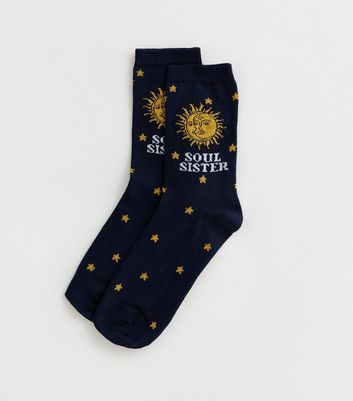 Black Glitter Sun Moon Soul Sister Socks | New Look