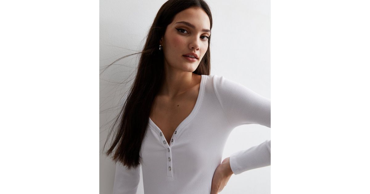 White Ribbed Popper Front Crop T-Shirt | New Look