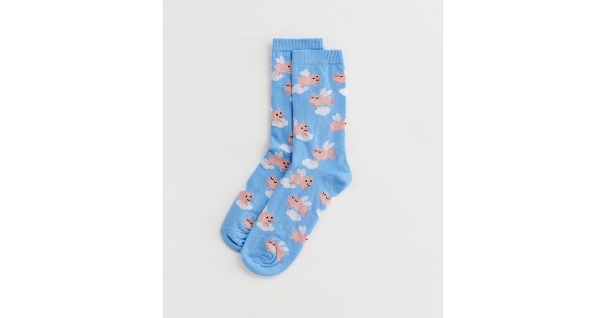 Blue Flying Pig Print Socks | New Look