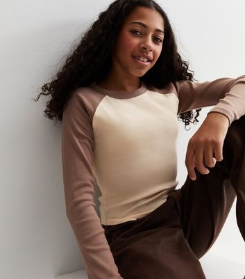 Girls Light Brown Ribbed Raglan Long Sleeve Top | New Look