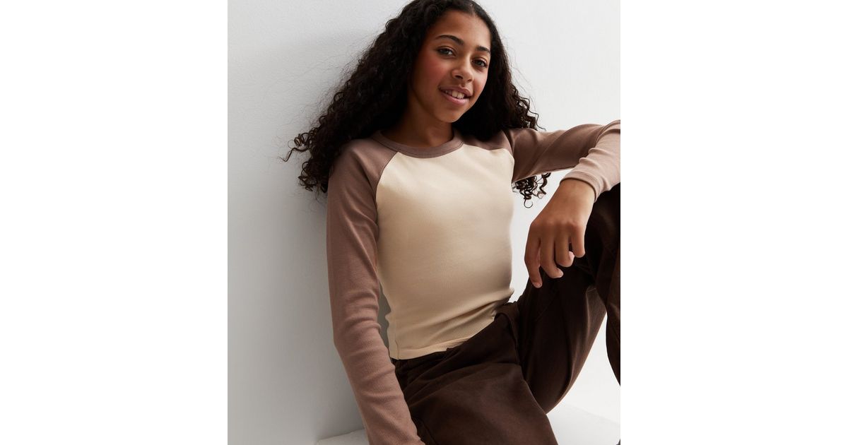 Girls Light Brown Ribbed Raglan Long Sleeve Top | New Look