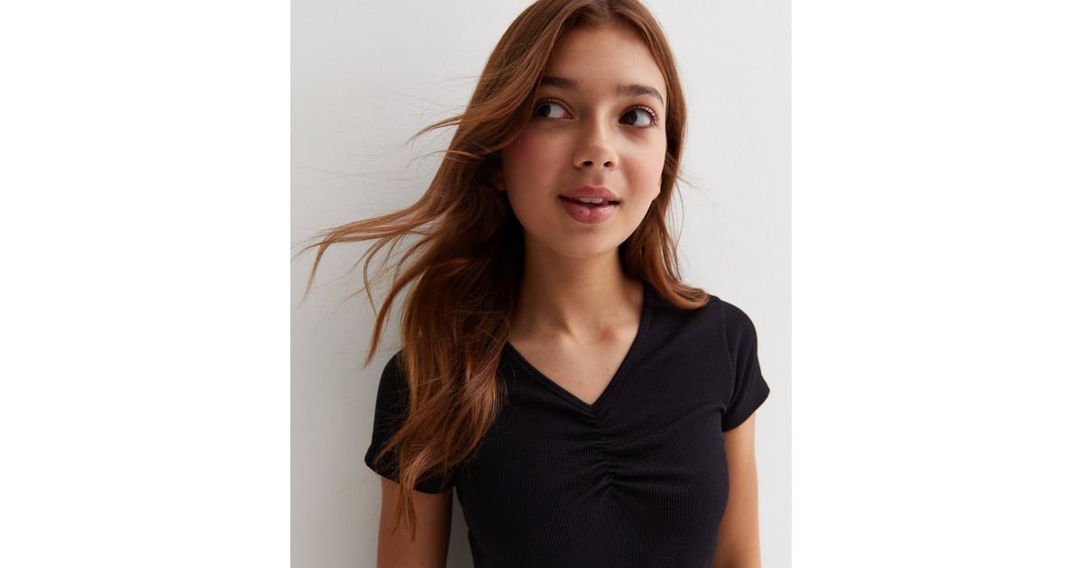 Girls Black Ribbed V Neck Ruched Sports Top | New Look