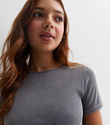 Girls Dark Grey Acid Wash Ribbed Short Sleeve Sports Top | New Look