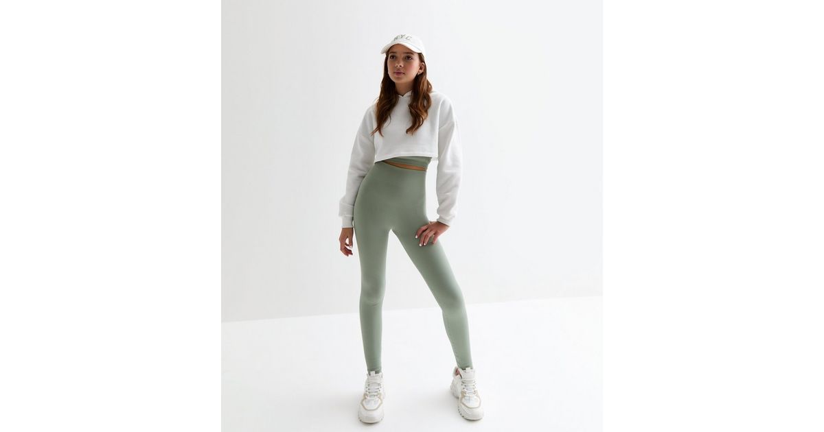 Girls Light Green Ribbed High Waist Sports Leggings | New Look